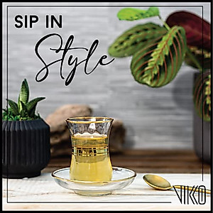 Vikko Turkish Tea Glasses & Saucers, 4 Oz Authentic Turkish Tea Cups,Set of 6 Clear Glass Tea Cups And Saucers, Gold Accented Turkish Tea Cup Set, 6 Cups and 6 Plates