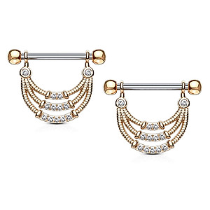 Forbidden Body Jewelry Pair of Surgical Steel 9/16 Inch D-Ring Style Pave CZ Triple Rope Dangle Nipple Barbells, Rose Gold Tone