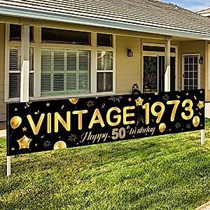 50th Birthday Banner Black Gold Vintage 1973 Party Backdrop Decoration Fifty Years Old Party Supplies Background Outdoor Indoor Yard Sign for Birthday Vintage 1973 Party Favors