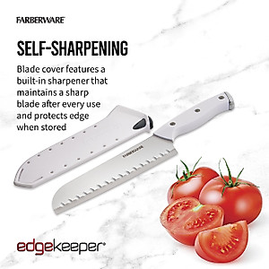 Farberware Edgekeeper Triple Riveted Santoku Self-Sharpening Blade Cover, High Carbon-Stainless Steel Kitchen Ergonomic Handle, Razor-Sharp Knife, 7 Inch, White