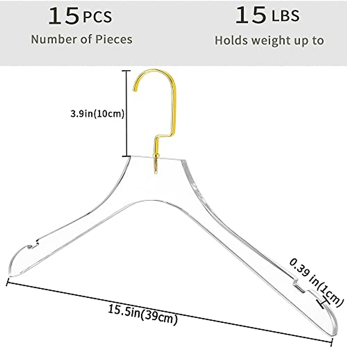 Besser Acrylic Clear Hangers 15 Pack Gold Acrylic Hangers Premium Quality Crystal Clear Hangers with Gold Hooks Luxury Dress Suit Hangers（Flat Hook）