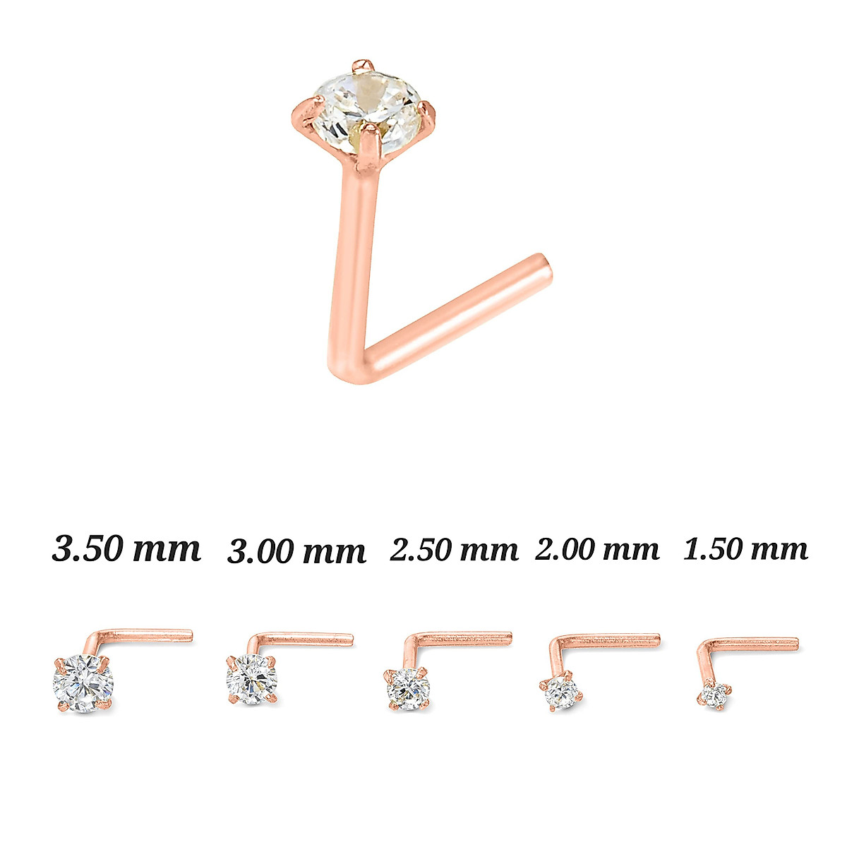 14K Solid Rose Gold, 20 GA, L Shape Diamond Nose Stud, Micro Nose, Nose Stud, Body Jewelry Rose Gold (2.50 ml Natural Diamond)