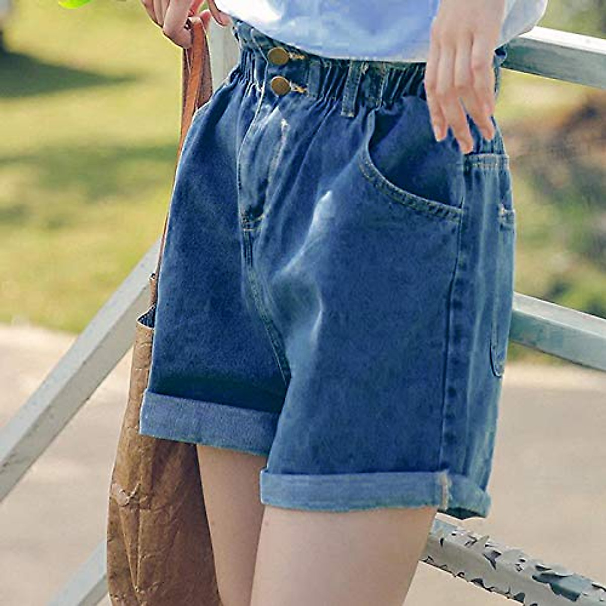 Sdeycui Women High Waist Bud Elastic Waist Wide Legging Solid Jeans Shorts(Dark Blue, XXL)