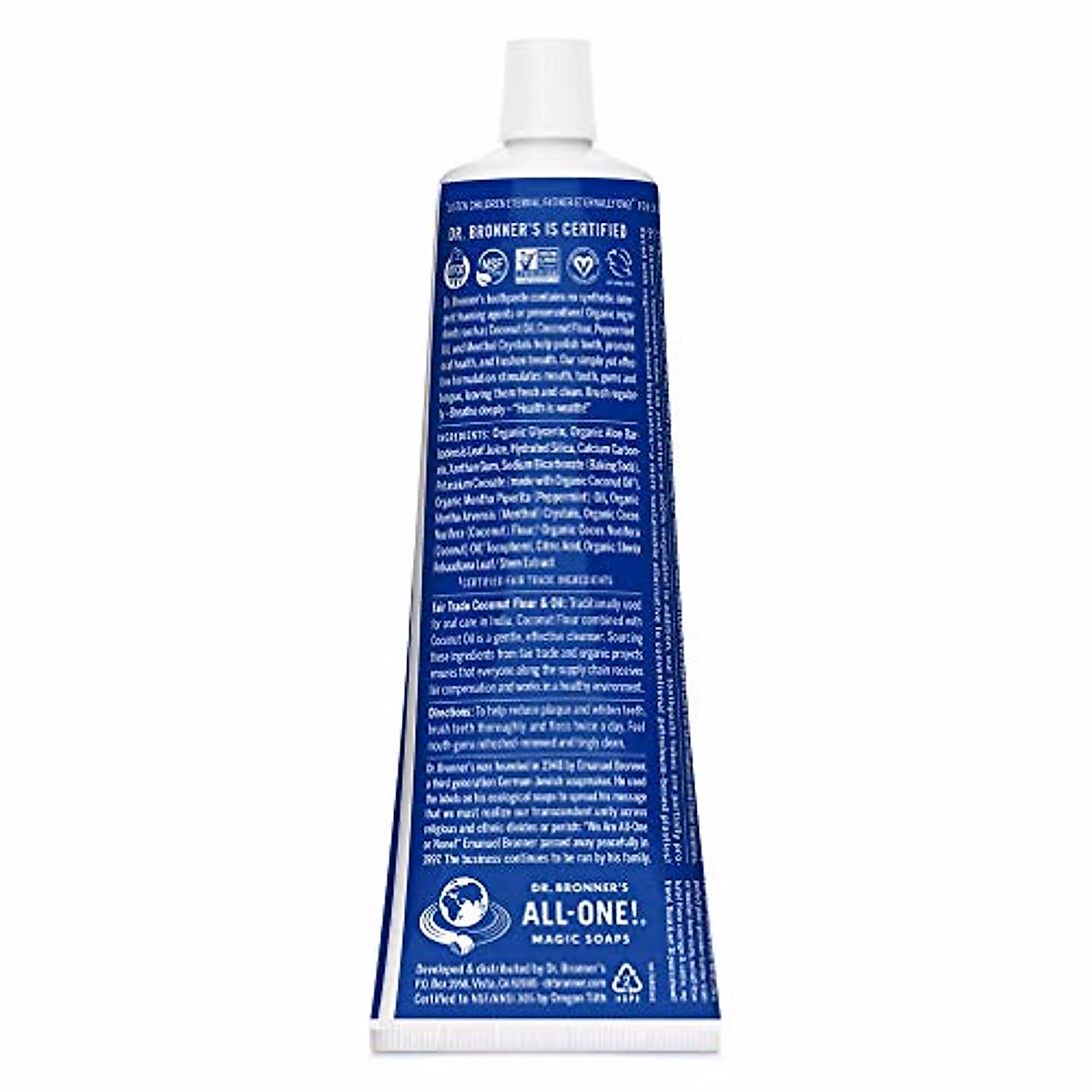Dr. Bronner’s - All-One Toothpaste (Peppermint, 5 ounce) - 70% Organic Ingredients, Natural and Effective, Fluoride-Free, SLS-Free, Helps Freshen Breath, Reduce Plaque, Whiten Teeth, Vegan