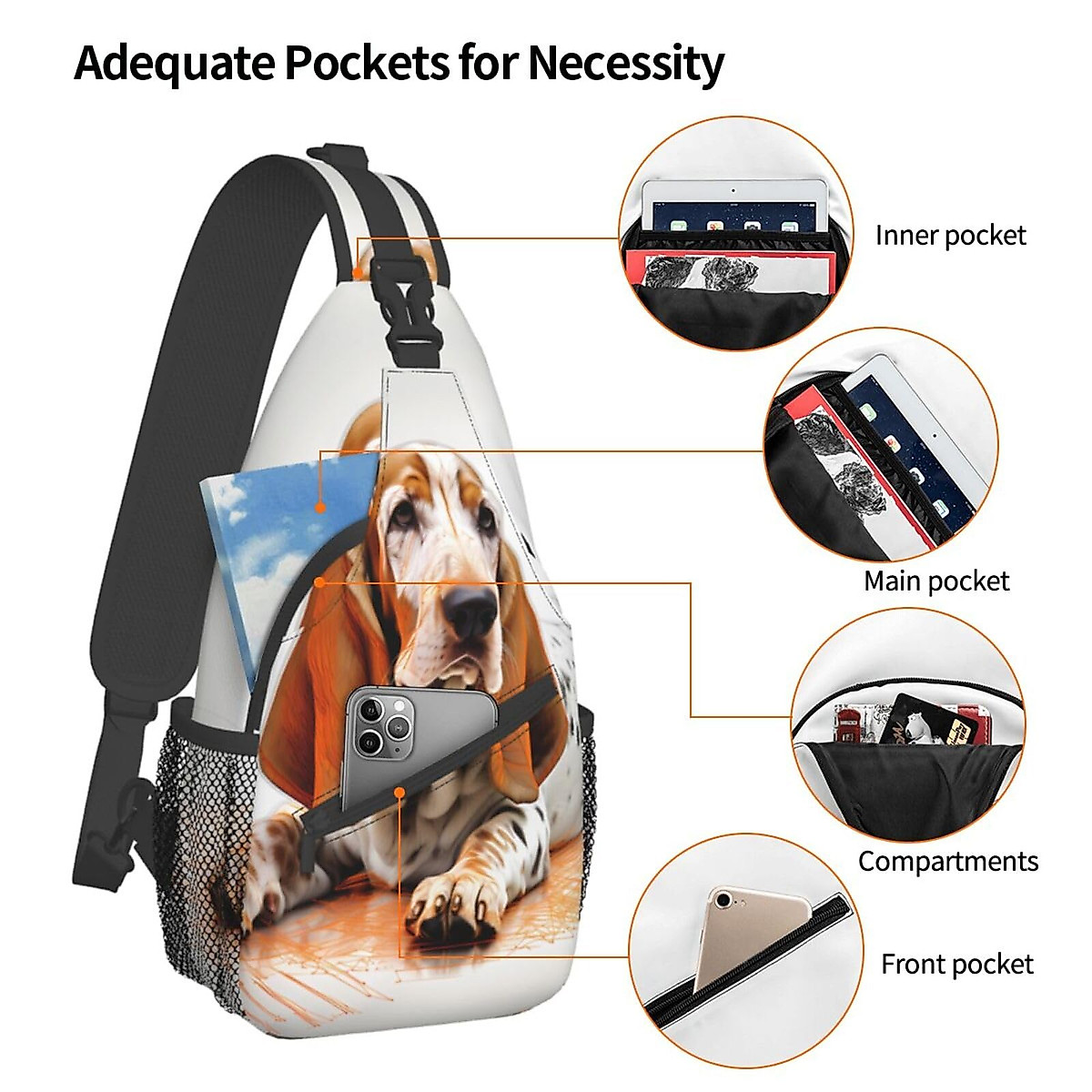 Hicyyu Basset Hound Dog Outdoor Crossbody Shoulder Bag For Unisex Young Adult Hiking Sling Backpack