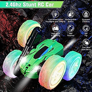 28℃ Remote Control Car, RC Cars Stunt Car Toy, 4WD 2.4Ghz Double Sided 360° Rotating RC Stunt Car with Headlights Wheel Lights, RC Cars Toys Gift for Kids Boys Girls on Birthday Christmas (Green)