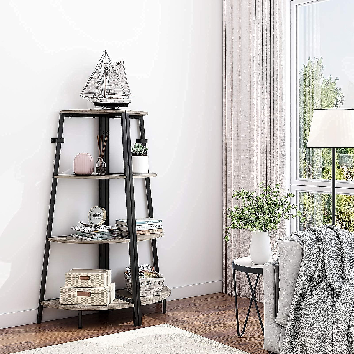 HOMYSHOPY 4 Shelves Industrial Corner Bookcase, A-Shaped Display Storage Rack Shelves, Grey Finish