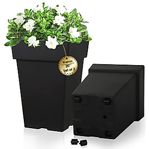 kubvici 20 Inch Tall Planters for Outdoor Indoor Plants, Set of 2 Large Plastic Plant Pots Flower Pot Outdoor Planter for Front Porch Door Balcony Deck with Drainage, with Removable Wheel, Black 20"