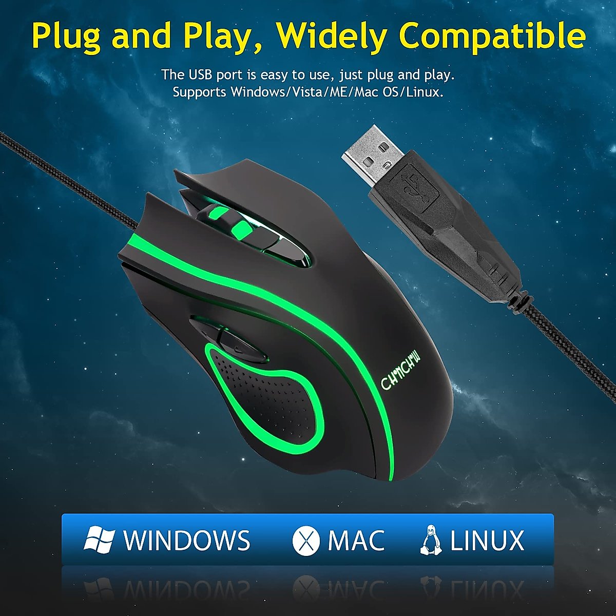 CHONCHOW Gaming Mouse Wired PC Gaming Mice with Backlit 4 Adjustable DPI Up to 7200 and 6 Programmable Buttons Ergonomic Design,USB Optical Computer Mouse for Desktop PC Laptop Gamer & Worker- Black