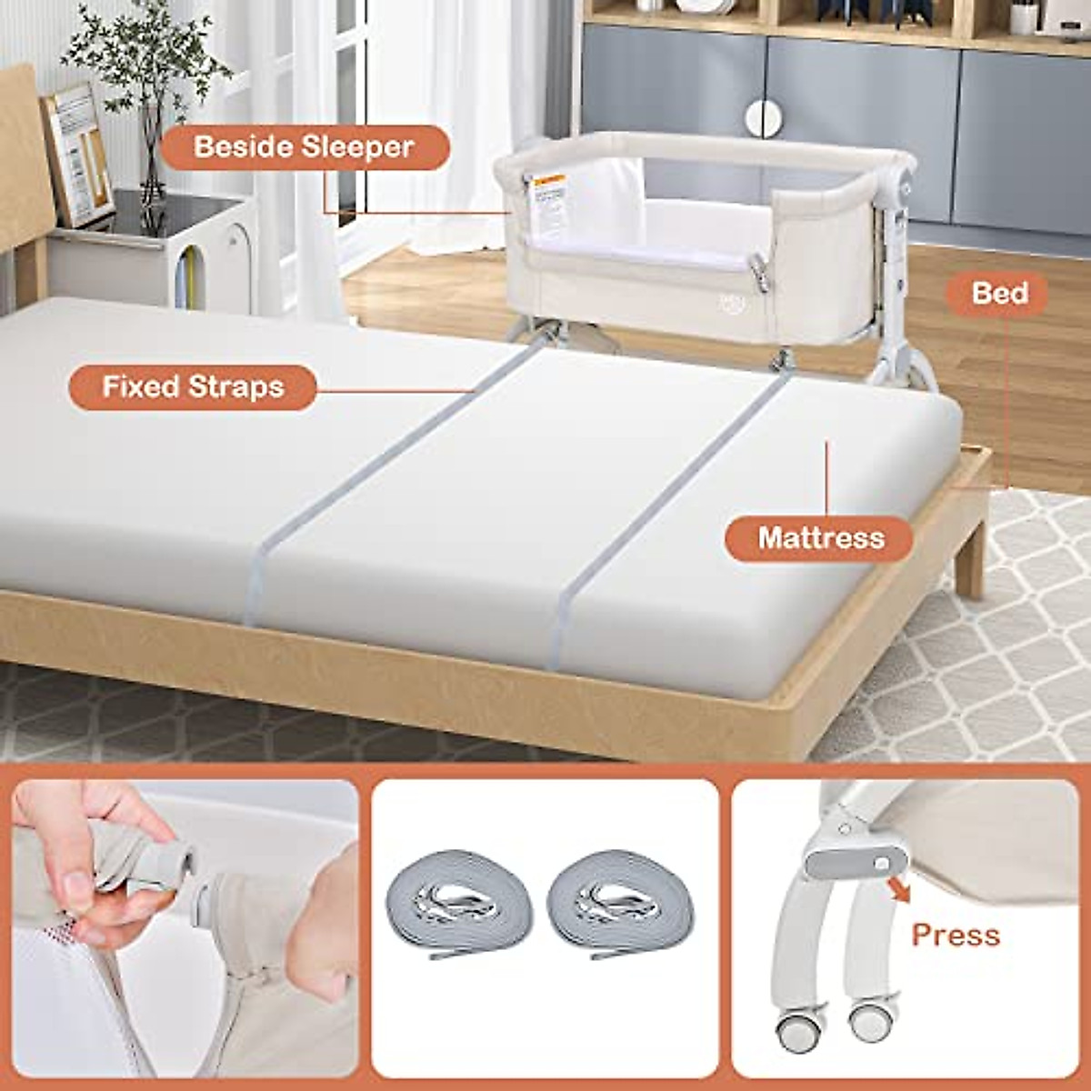 BABY JOY Baby Bassinet, 3-in-1 Rocking Bassinet w/Storage Basket, Double-Lock Design, 7 Adjustable Heights, Soft Mattress & Portable Travel Bag, Bassinet Bedside Sleeper for Newborns Infants (Beige)