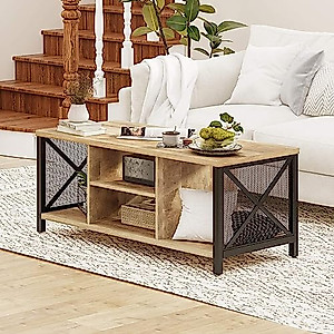 FATORRI Coffee Table for Living Room, Rustic Wood Center Table with Shelves, Farmhouse Rectangle Cocktail Tea Tables (Rustic Oak)