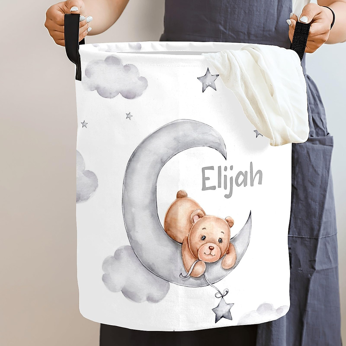 Teddy Bears on Clouds Personalized Laundry Basket,Custom Name Collapsible Waterproof Laundry Hamper Storage Bins with Handle for Clothes,Toys Nursery