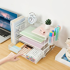 ORDROLL Desk Paper Organizers and Accessories - 4-Tier Paper Letter Tray Organizer with File Holder,Drawer and 2 Pen Holders,Desk Accessories & Workspace Organizers for Office,School,Home(White)