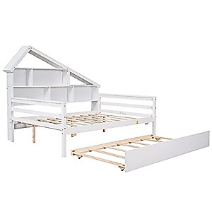 Woanke Full Size Daybed with Trundle and Shelves, Solid Wood Platform Bed Frame, House Bed for Kids Teens Girls Boys, No Box Spring Needed, White