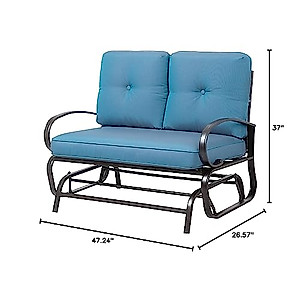 Shintenchi Outdoor Patio Metal Swing Glider Bench 2-Rocking chair Loveseat Wrought Iron Patio Furniture Steel Frame Chair Set with Cushion for Porch Balcony Garden,Bule