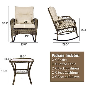 DECMICO Wicker Rocking Chair Set of 2, Patio Conversation Bistro Set, Rattan Outdoor Rocker Chairs with Cushions and Side Table, Wicker Porch Furniture for Backyard, Garden, Beige