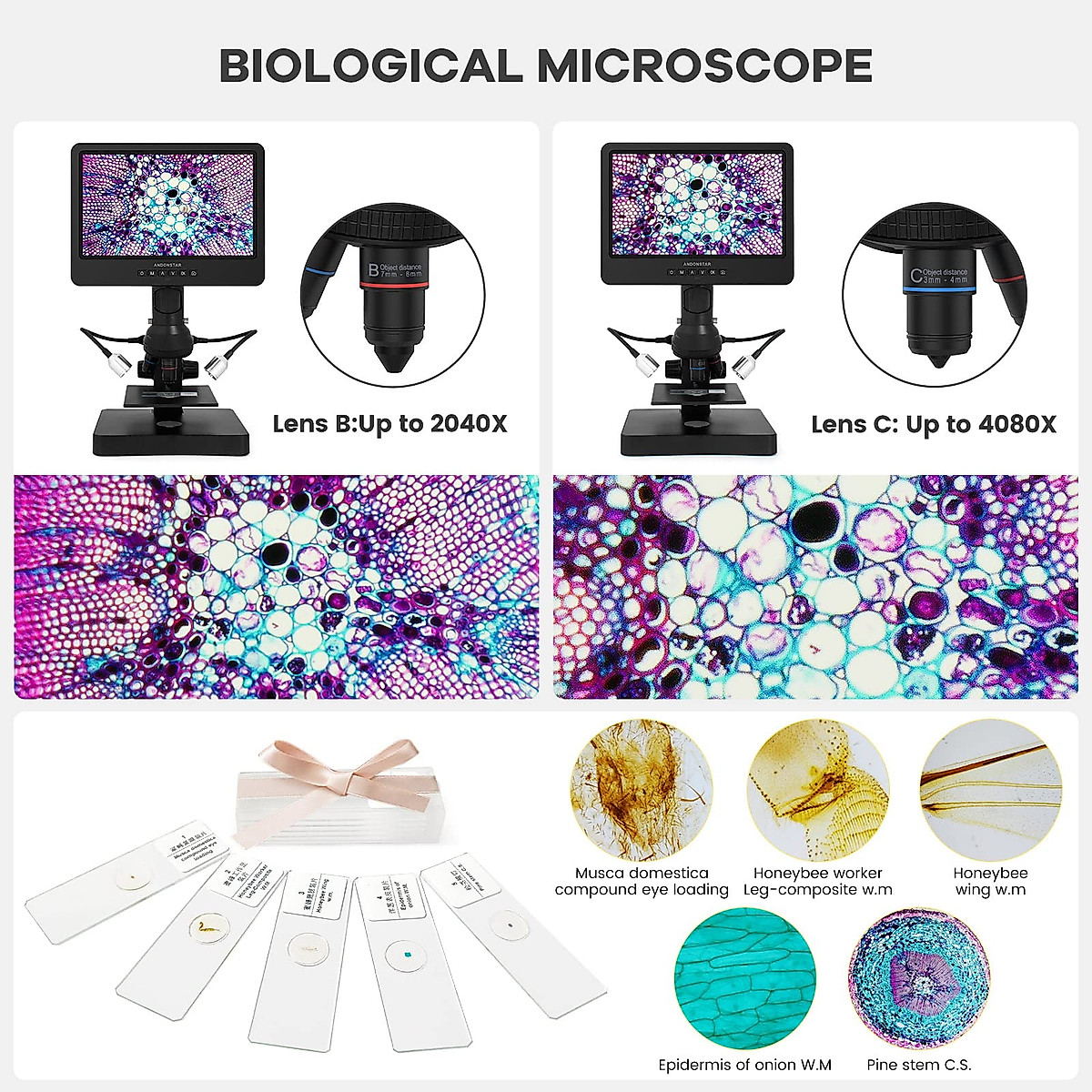 Andonstar AD249S-P 10.1 Inch HDMI Digital Microscope, 4000x 3 Lens 2160P UHD Video Record, Biological Microscope Kit for Adults and Kids, Coin Microscope for Error Coins, Prepared Slides, 32G SD Card