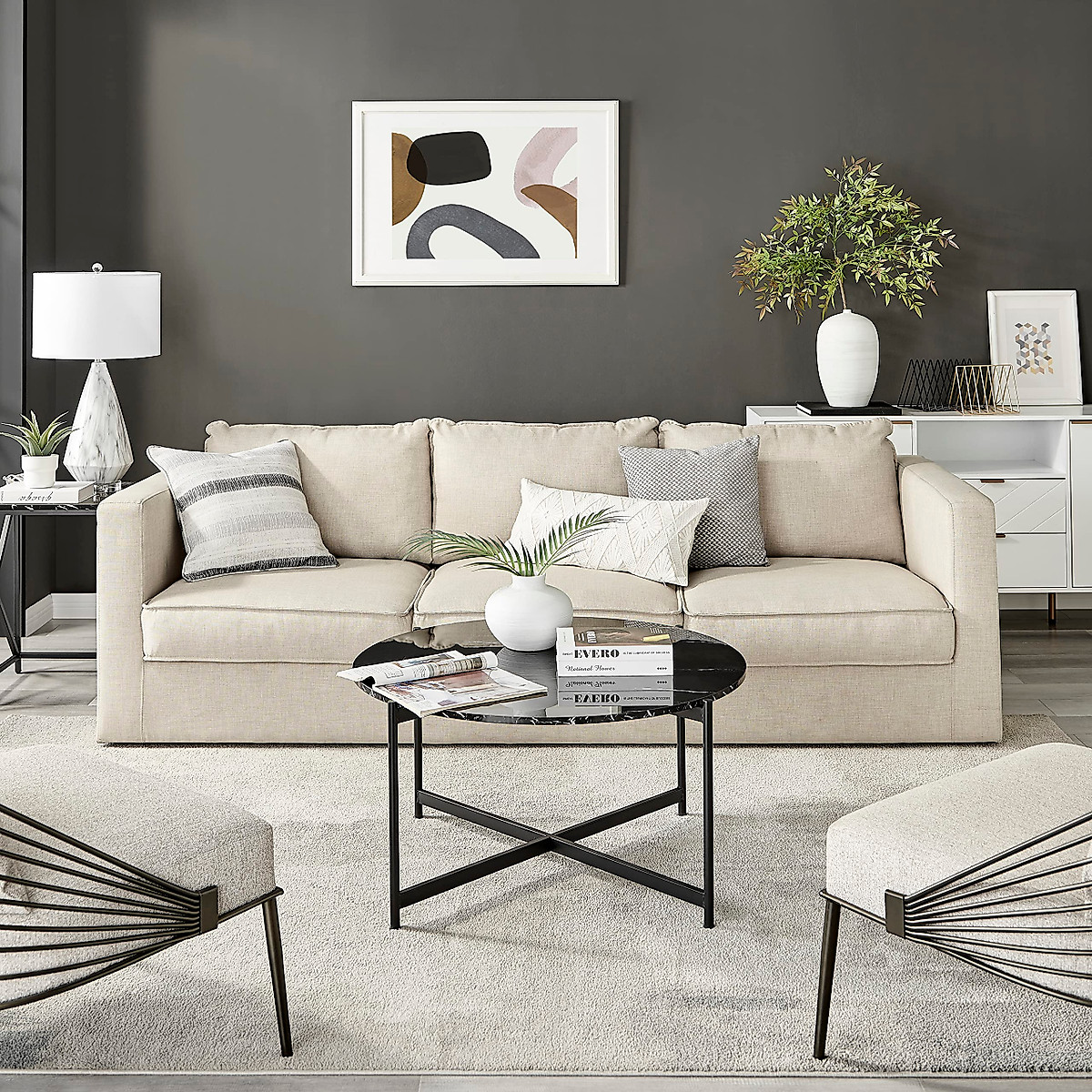 Danya B. Round Contemporary Marble Finish Veneer Top Black Metal Large Coffee Table - White or Black Marble (Black Marble)