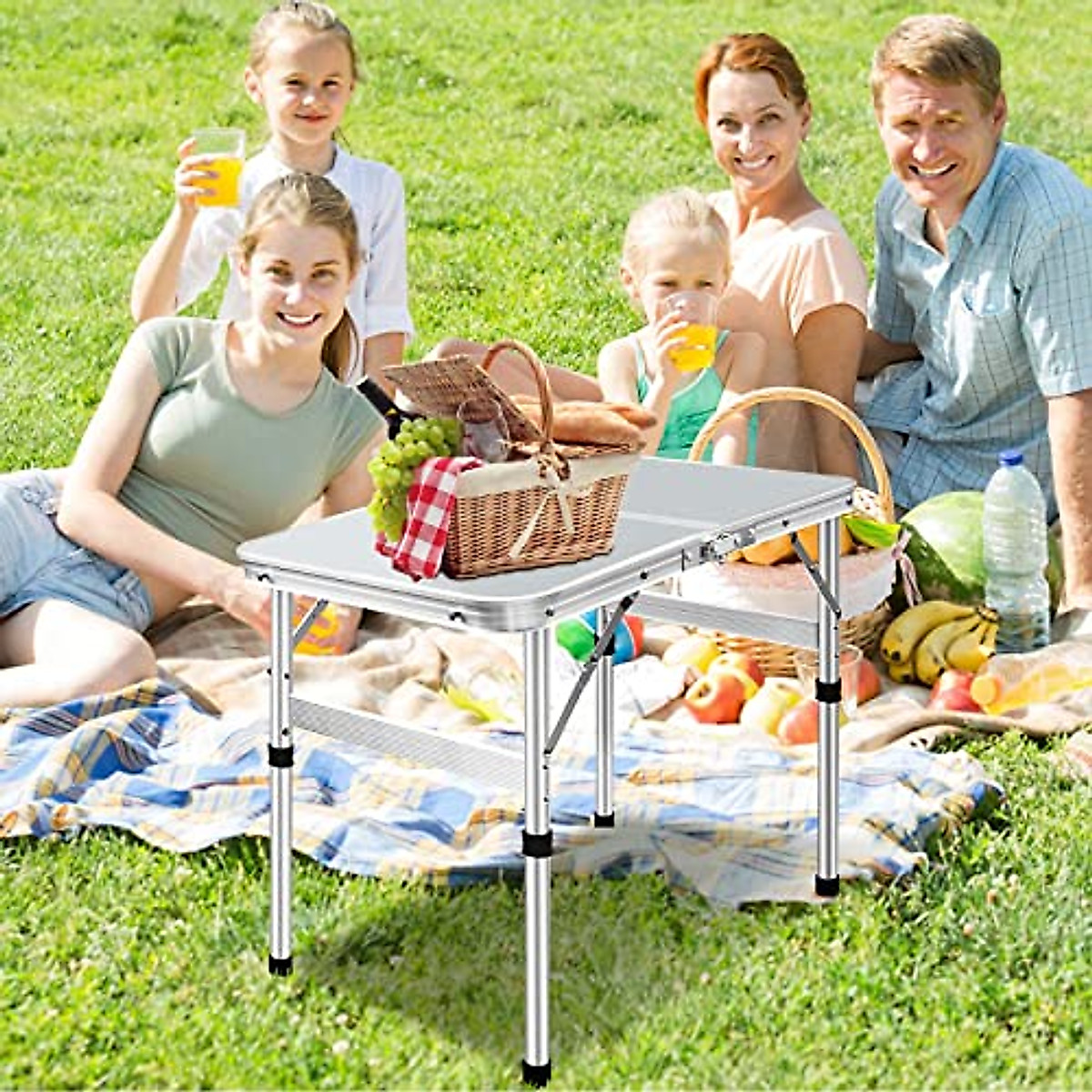 JUOIFIP Folding Camping Table Outdoor, 2 Adjustable Height Portable Folding Camping Table for Camp, Lightweight Aluminum Fold Up Camp Table for Picnic, BBQ, Party, Travel, Home Use. White
