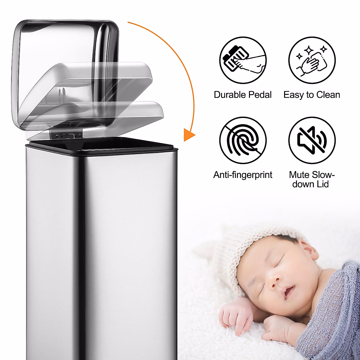 8 Gallon Step Trash Can, Square Fingerprint-Proof Garage Can with Soft-Close Lid for Kitchen Bathroom Bedroom Living Room Home Office Dorm, Foot Pedal Garbage Bin with Removable Inner Bucket, 30-Liter