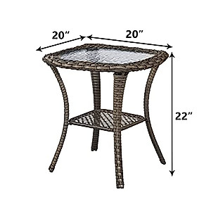 Patio Tables Wicker Side Table - Rattan End Table with Glass Top for Outdoor Outside Patio Porch Deck Square Mixed-Grey
