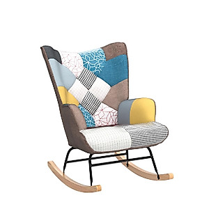KGOPK Nursery Rocking Chair, Mid Century Upholstered Rocker Glider Chair High Back Armchair with Wood Legs and Patchwork Linen for Livingroom Bedroom
