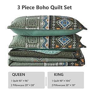Boho Quilt Set King,3 Piece Olive Green Bedspread Coverlet Set with Geometry Printed for All Season, Lightweight Oversized Bohemian Bedding Set 104"×90"