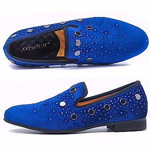 XQWFH Mens Velvet Rhinestone Designer Dress Loafers for Wedding Party Penny Slip-On Glitter Fashion Tuxedo Shoes (Blue)