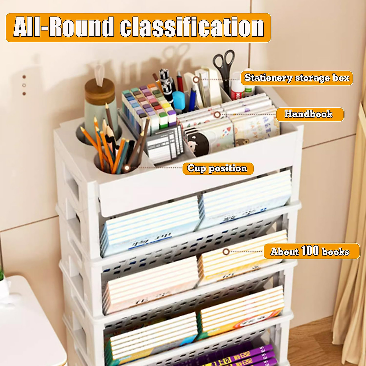 5 Tier Book Rack Storage Bookshelf, Movable Unique Bookcase, Large Capacity Utility Organizer White Bookshelves for Children Students Study in Bedroom Living Room Home School,White