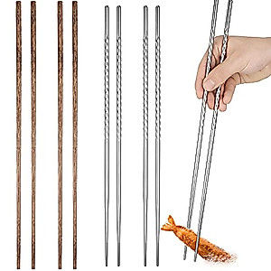 4 Pairs Long Cooking Chopsticks 15.3 Inch Extra Long Stainless Steel Chopsticks with Non Slip Threaded and 16.5 Inch Wooden Noodles Kitchen Cooking Frying Chopsticks (Silver, Wood Color)