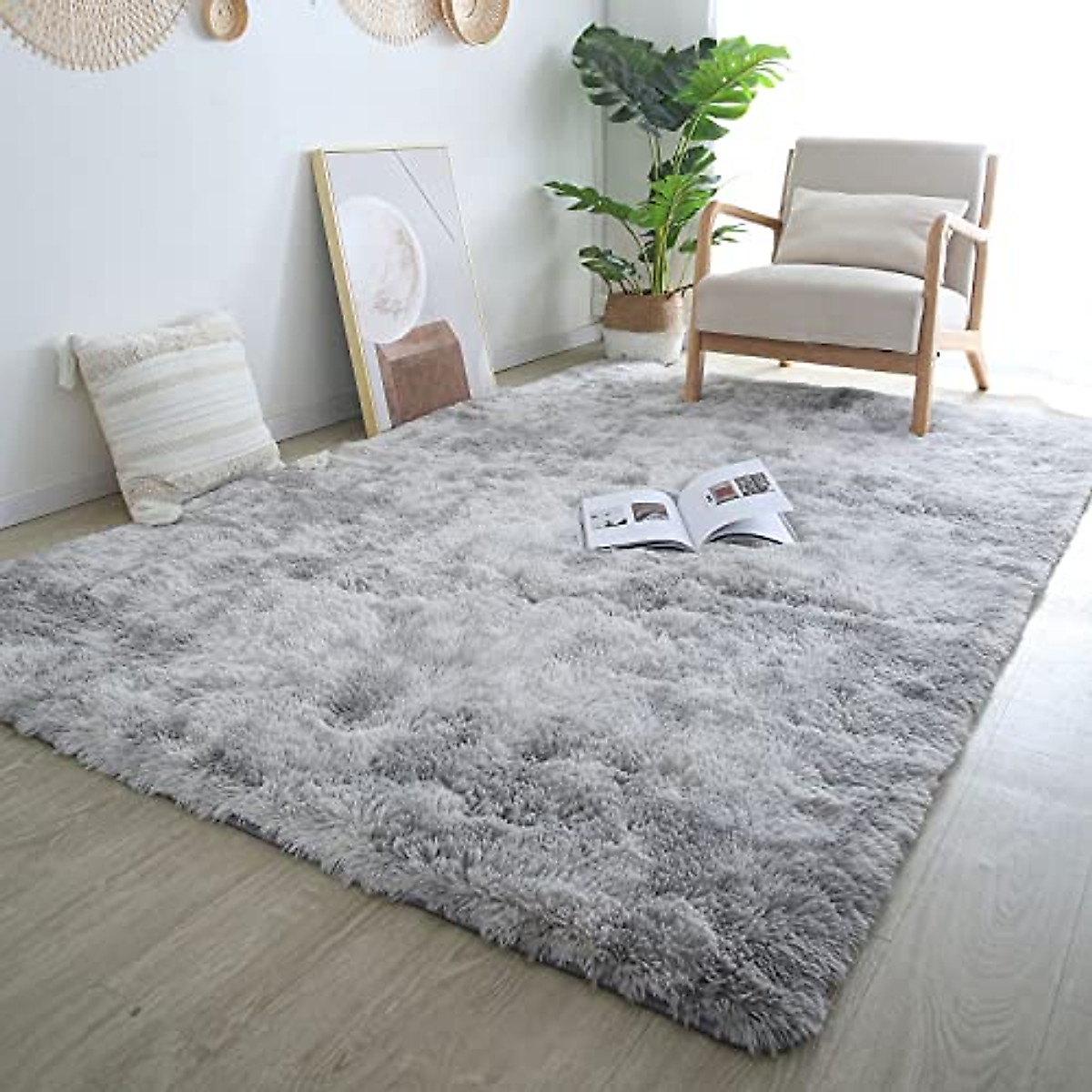 CAIYUECS Shag Area Rug,Indoor Ultra Soft Fluffy Plush Rugs for Bedroom Living Room, Non-Skid Modern Nursery Faux Fur Rugs for Kids Room Home Decor (Tie-Dyed Light Gray, 5x7 Feet)