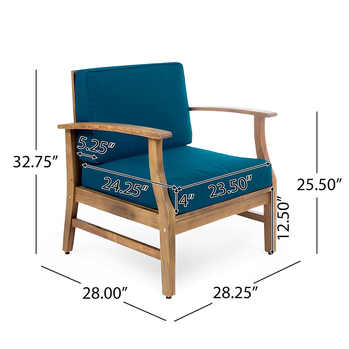 Christopher Knight Home Perla Outdoor 2 Seater Acacia Wood Bistro Set with Cushions, 28.25 "W x 28 "D x 32.75 "H, Teak + Blue