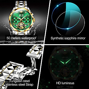 OUPINKE Mens Green Watches Automatic Skeleton Mechanical Self Winding Tourbillon Luxury Dress Wristwatch