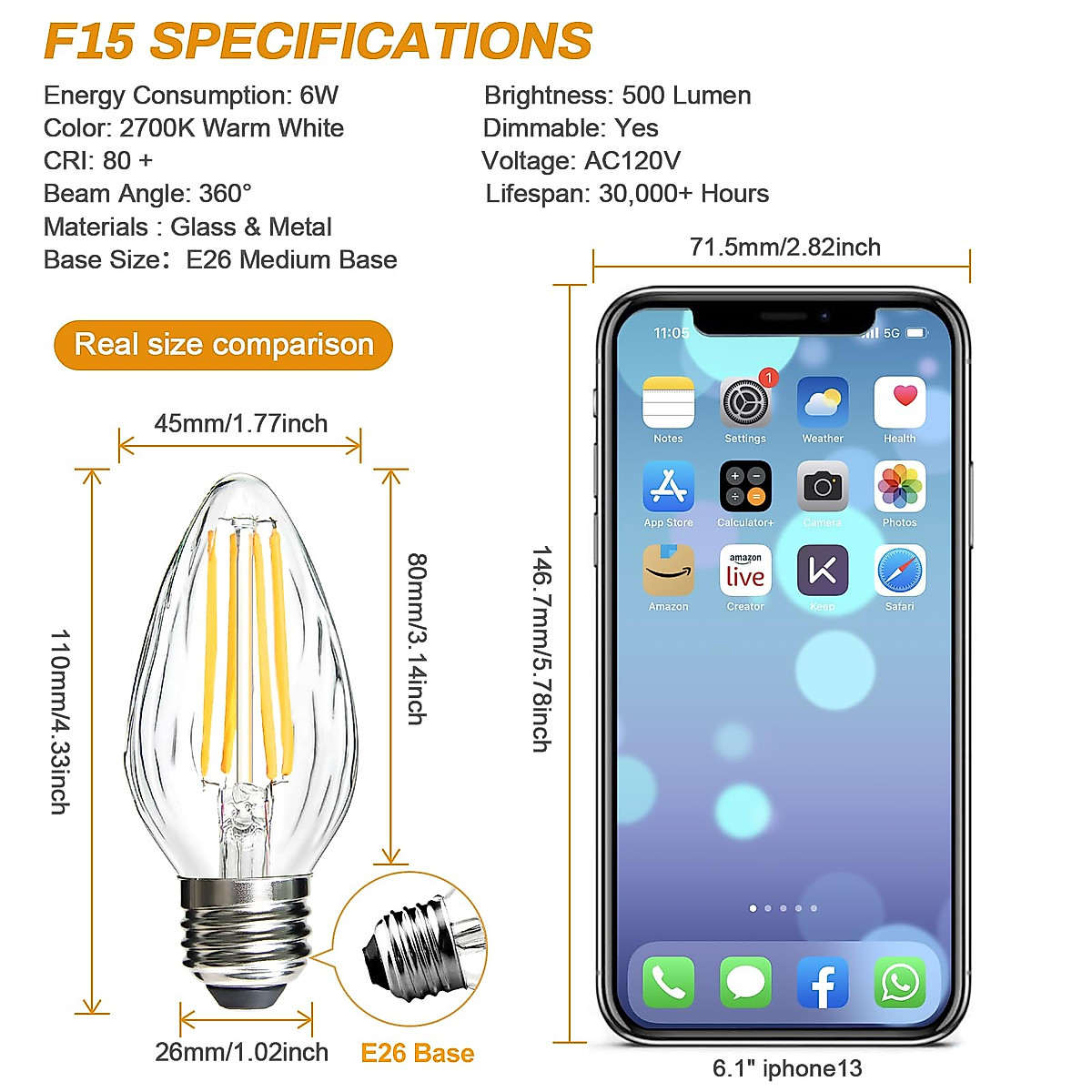 BRIMAX F15 6W Led Porch Light Bulbs Outdoor, Equivalent 60W Incandescent Bulb, E26 Medium Base Dimmable 2700K Warm White Flame Wrinkle Glass, LED Post Bulbs for Ceiling Fan and Lantern Lamp, 4Pack