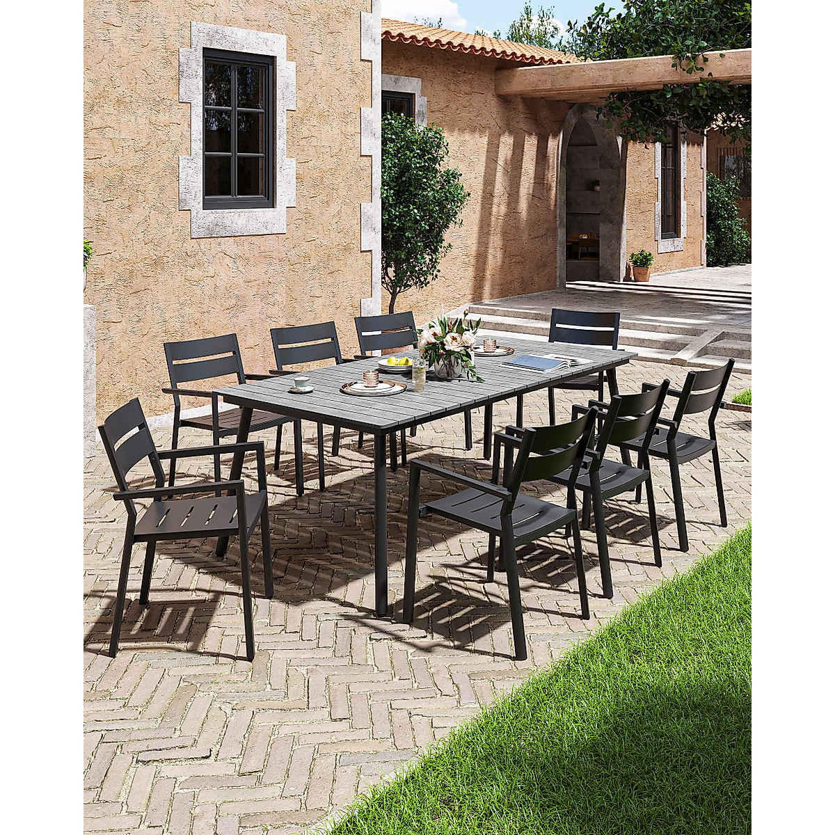 JOINHOM 9 Piece Patio Dining Table & Chair Set - Outdoor All Aluminum Patio Furniture Sets with Waterproof, Rust-Proof, Patio Rectangle Table with Umbrella Hole for Deck, Garden, Backyard, All Weather
