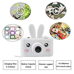 Kids Camera with White Rabbit Protective Case, 2 Inch HD Screen Camera for Kids, Children’s Selfie Camera, Multifunction Camera Including 16G Memory Card(Pink)