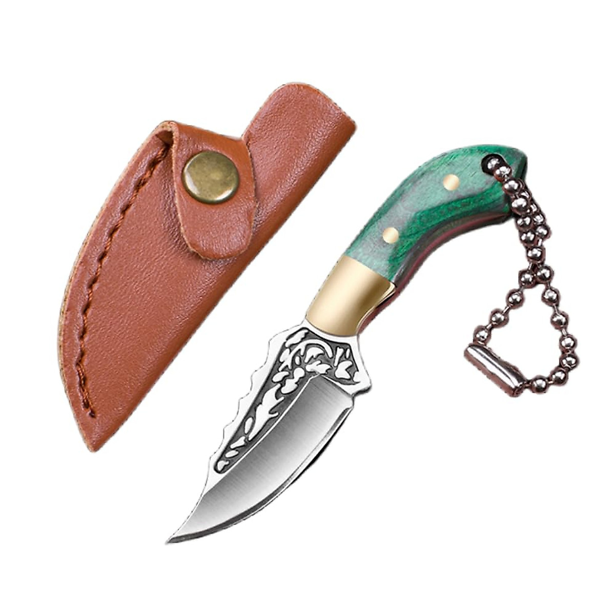 SZHOWORLD Ultra Small Fixed Blade Knife, 1.57 inch 5Cr15 Stainless Steel Blade with Brass+Colored Wood Handle, Mini Knife/Box Cutter with Leather Sheath for EDC Collection Gift, Three Colors Available (Green)