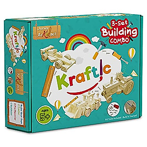 Kraftic Woodworking Building Kit for Kids, with 3 Educational DIY Carpentry Construction Wood Model Kit Toy Projects for Boys and Girls- Tractor, Bulldozer and Racing Car