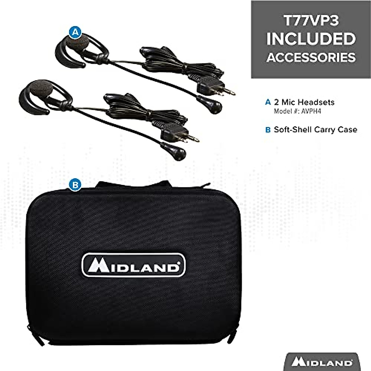 Midland - X-TALKER T77VP5, 36 Channel FRS Two-Way Radio - Up to 38 Mile Range Walkie Talkie, 121 Privacy Codes, and NOAA Weather Scan + Alert (Includes a Carrying Case and Headsets) (Black/Silver)