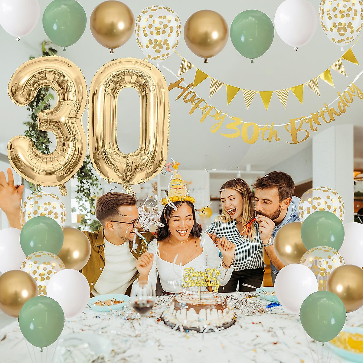 30th Birthday Decorations for Women Men, Happy 30th Birthday Banner with Birthday Cake Topper Number 30 Foil Balloon Sage Green White Gold Birthday Balloons for 30 Year Old Birthday Party Decoration