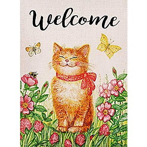 Welcome Cat Kitten Garden Flag Vertical Double Sided Spring Farmhouse Burlap Yard Outdoor Décor 12.5 x 18 Inch