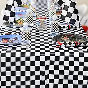 Mulbozy 4 Pcs Black and White Checkered Tablecloths, 54 × 108 Inches Black Checkered Flag Tablecover, Disposable Plastic Gingham Table Cover for Picnic, Truck, Race Car Birthday Party Supplies