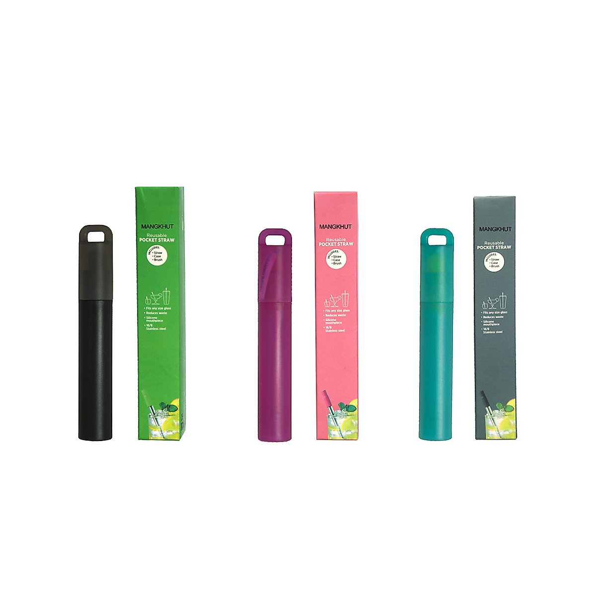 MANGKHUT 3 Pack Metal Reusable Straws with Silicone Tip & Carrying Case & Cleaning Brush, Compact Portable Stainless Steel Drinking Straws with Telescopic Design up to 8.46 inch, Gray & Green & Pink