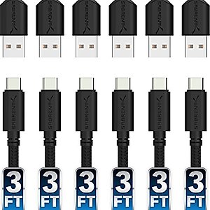 SABRENT [6 Pack 22AWG Premium 3ft USB C to USB A 2.0 Sync and Charge Cables [Black] (CB-C6X3)