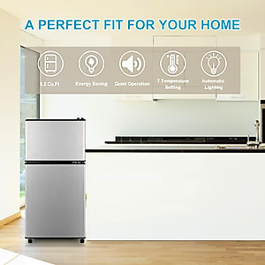 Fox Shack Compact Fridge Mini Refrigerator with Freezer, 3.2 Cu Ft 2 Doors Refrigerators, Low noise, Energy-efficient, for Apartment, Dorm, Kitchens, Office and Bedroom, Silver