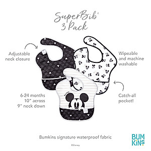 Bumkins Disney Bibs for Girl or Boy, SuperBib Baby and Toddler for 6-24 Months, Essential Must Have for Eating, Feeding, Baby Led Weaning, Mess Saving Waterproof Soft Fabric, 3-pk Mickey Mouse Icon