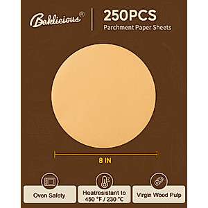 Baklicious 250Pcs 8 Inch Parchment Paper Rounds. Non Stick Round Parchment Paper, Baking Parchment Circles for Cake Baking, Patty Separating, Tortilla Wrapping