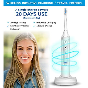 Sonic Electric Toothbrush for Adults with 5 Toothbrush Replacement Heads, 3 Brushing Modes & 2 Minutes Built-in Timer, Travel Toothbrushes with Inductive Charging, Rechargeable toothbrush | White