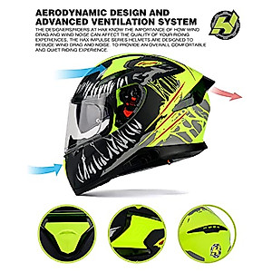 HAX Full Face Motorcycle DOT Approved Helmet with Dual Rear Wing and Pinlock Ready - Lightweight and Durable Motorbike Street Bike Helmet for Adults (Impulse Devour Yellow,S)
