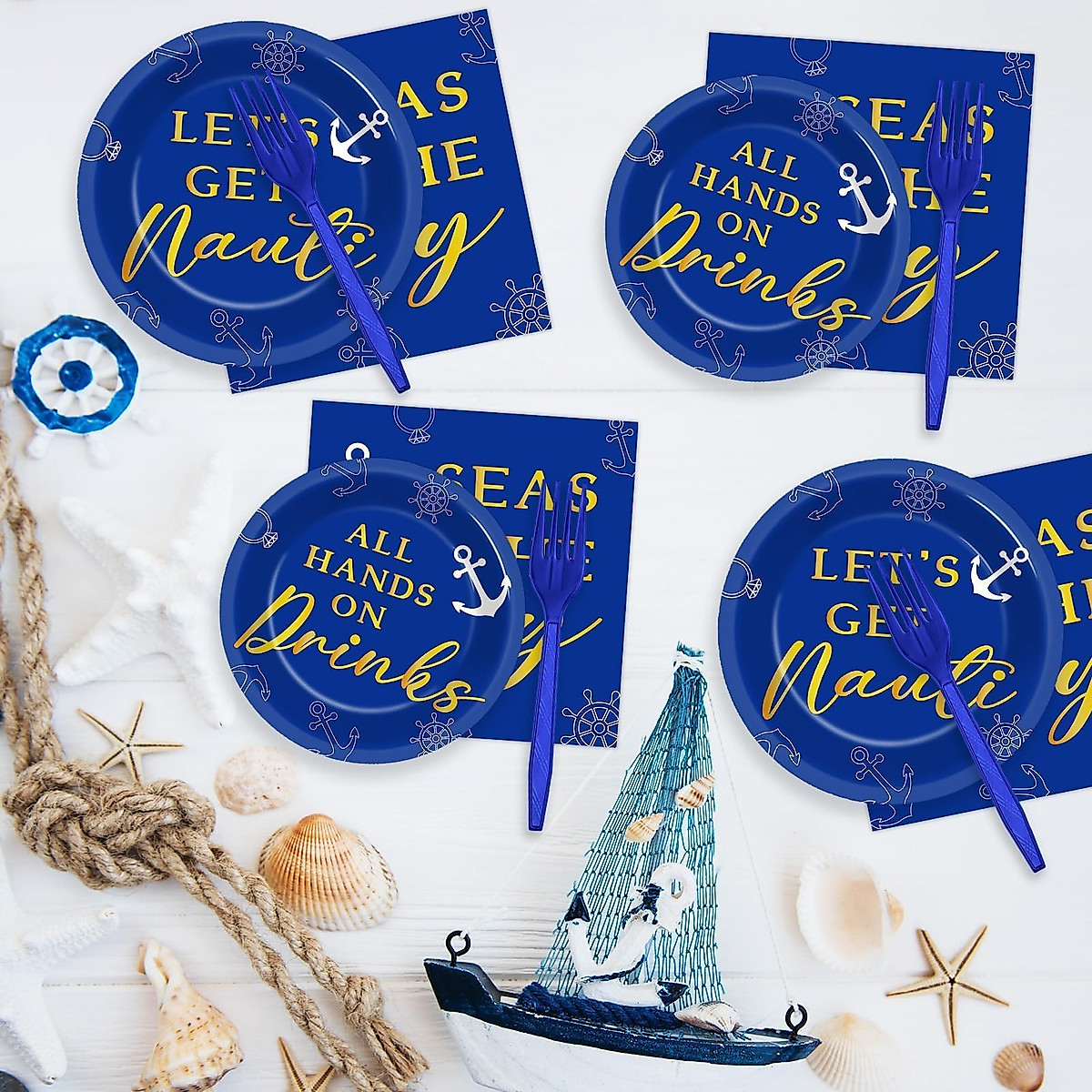 96 Pcs Nautical Bachelorette Party Plates and Napkins for Let's Get Nauti Yacht Party Supplies Nautical Sailor Themed Paper Dessert Plates Bridal Shower Tableware Set for 24 Guests Party Decorations